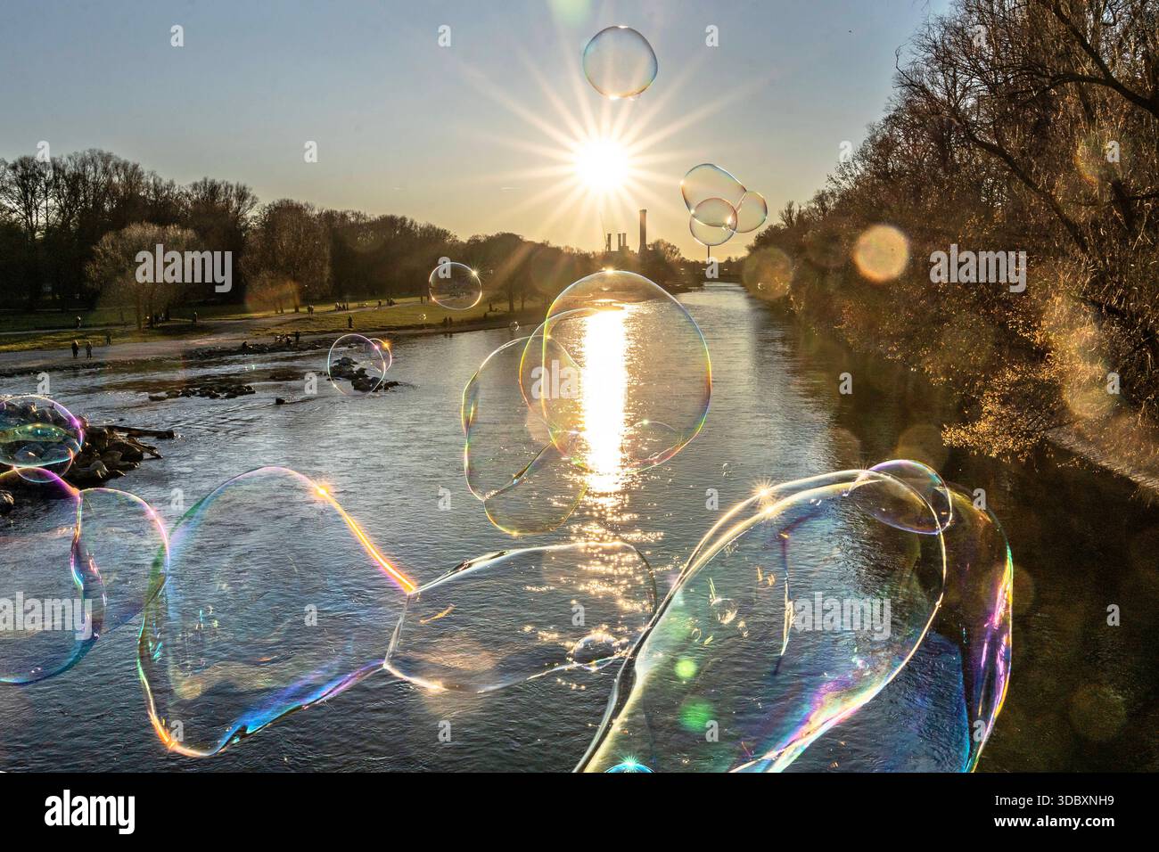 Seifenblasen leuchten und funkeln im Licht der tiefstehenden ...