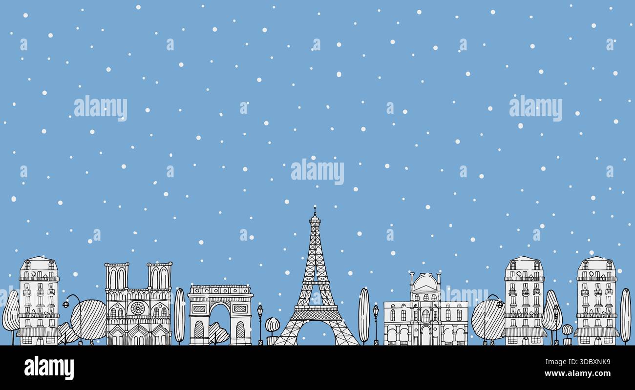 Winter Paris background horizontal banner with architecture skyline in ...