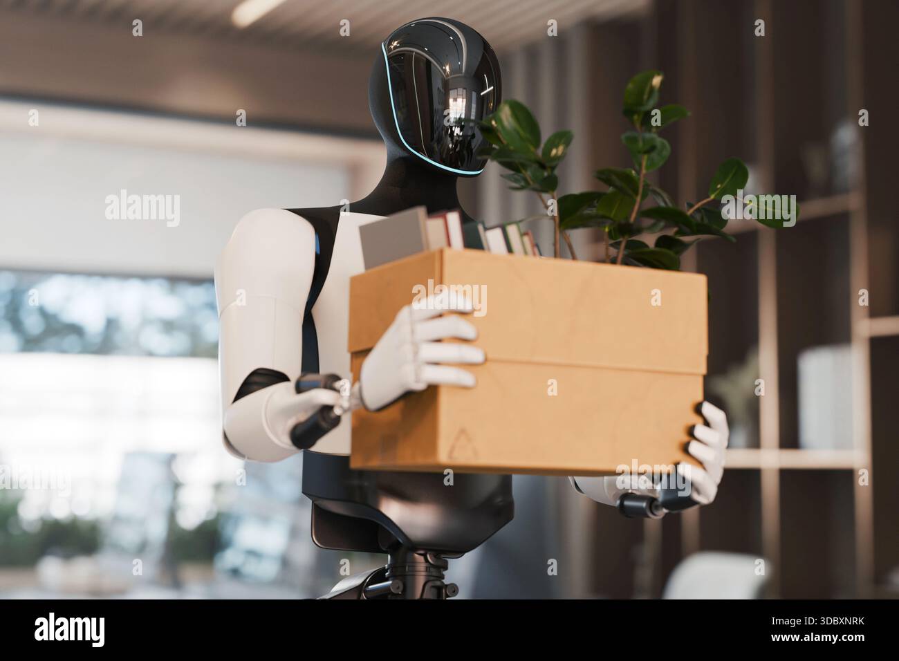 Humanoid Robot Carrying A Cardboard Box With Books And A Plant In ...