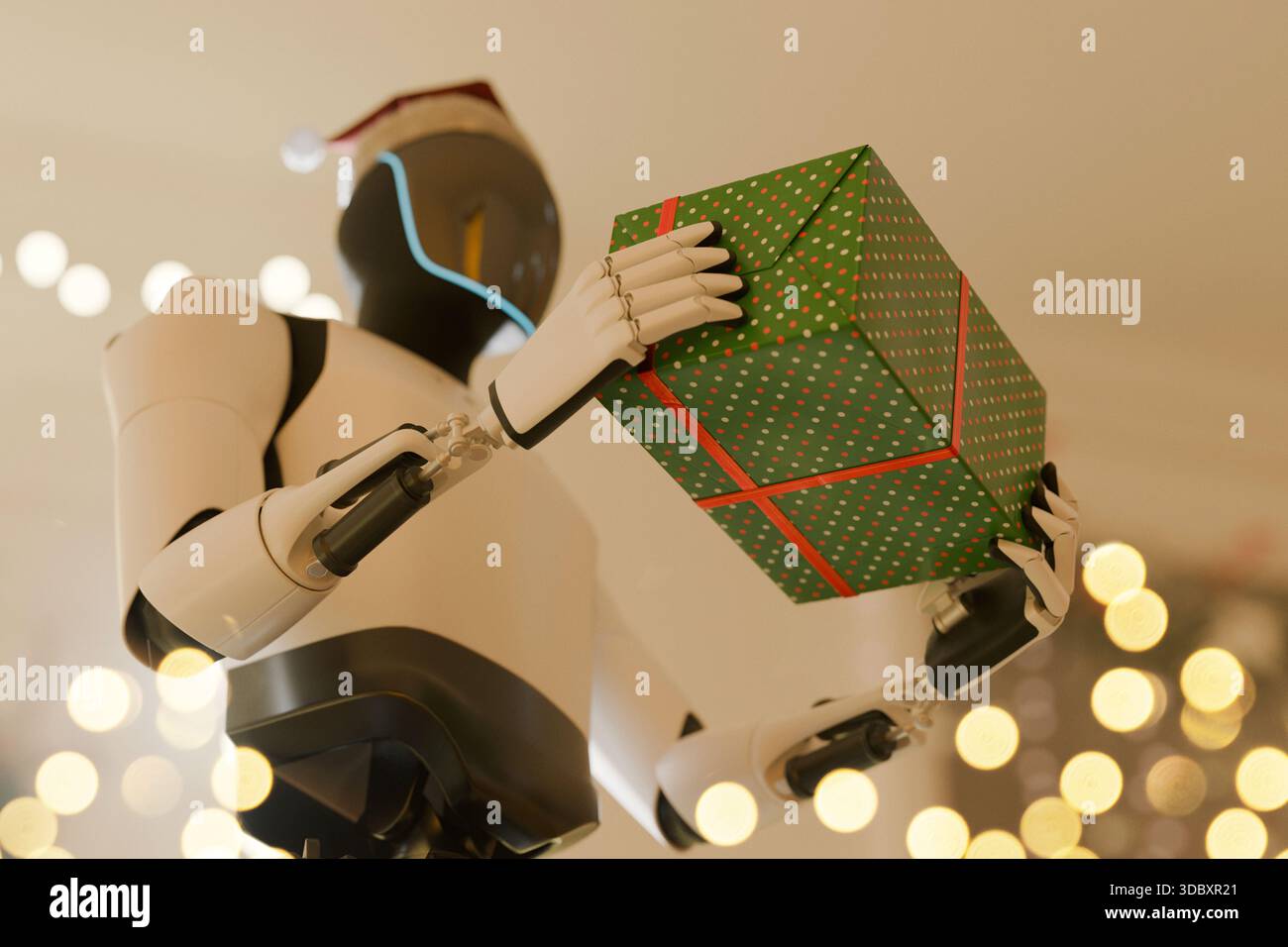 Humanoid Robot Wearing A Santa Hat Delivers A Christmas Gift Wrapped In ...