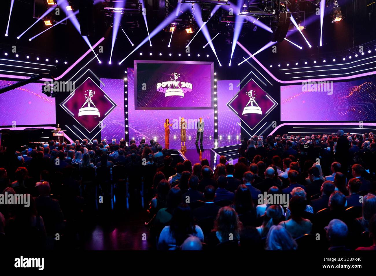 Alex Scott (left), Gabby Logan and Clare Balding (right) during the ...