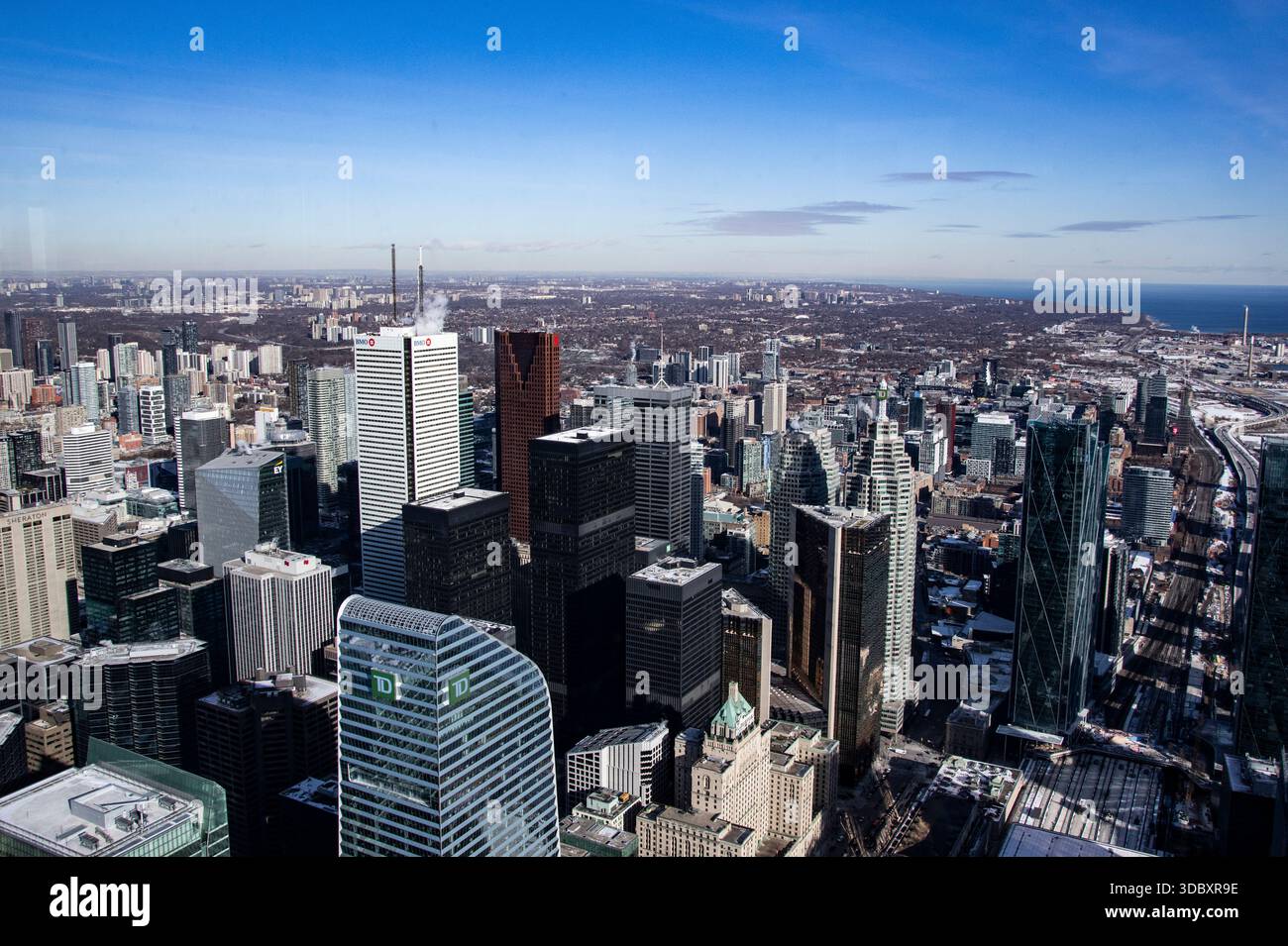 East view from CN Tower upper observation deck in downtown Toronto ...