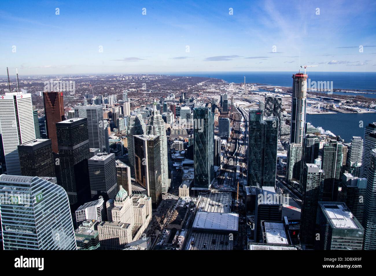 East view from CN Tower upper observation deck in downtown Toronto ...