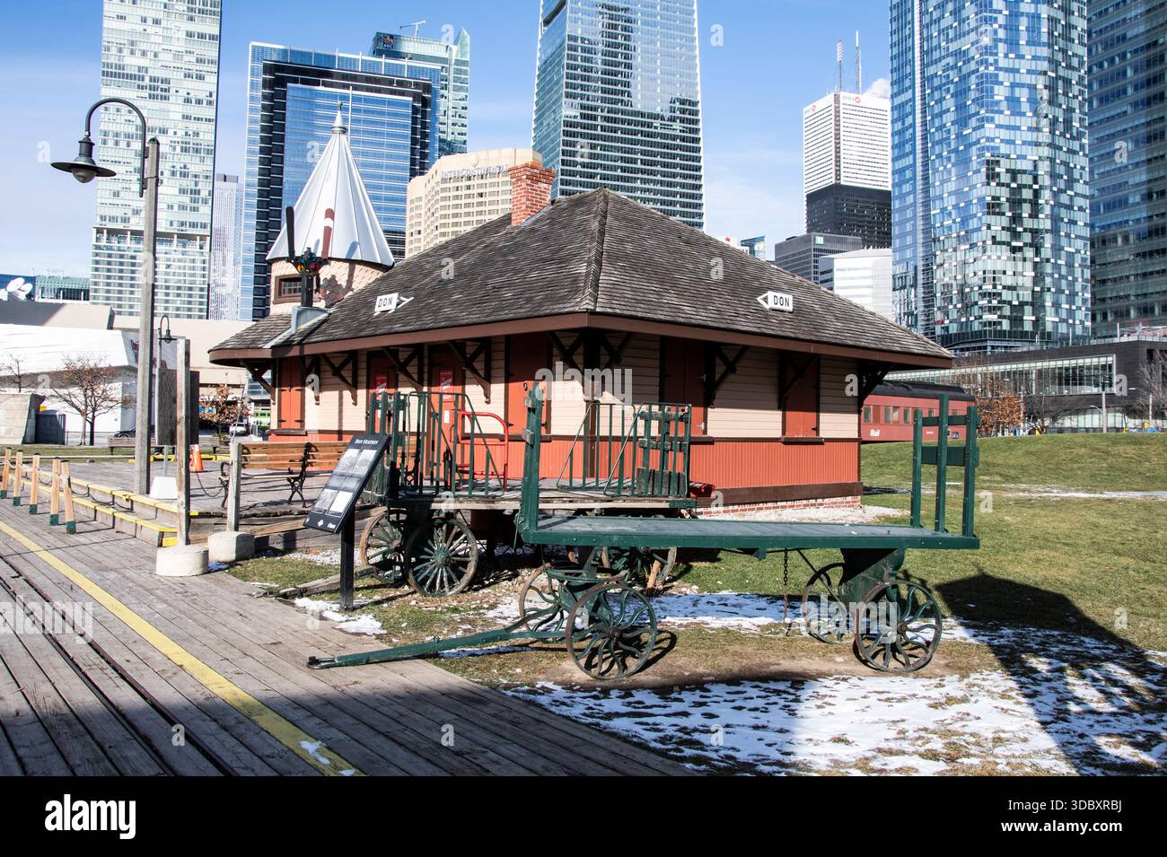 Train station building and rail carts at Roundhouse Park on Bremner ...