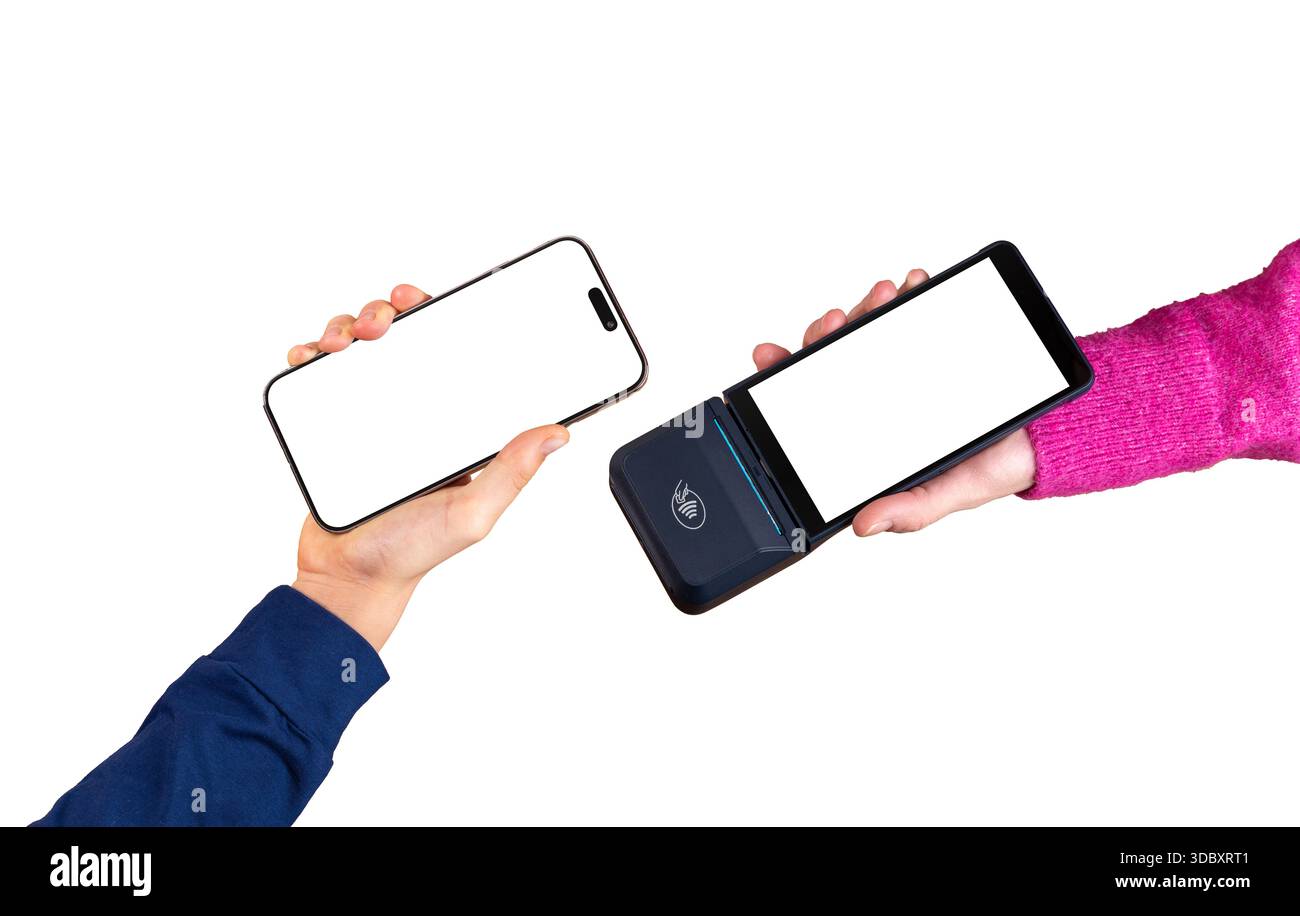 Smartphone approaching portable POS terminal for contactless payment ...