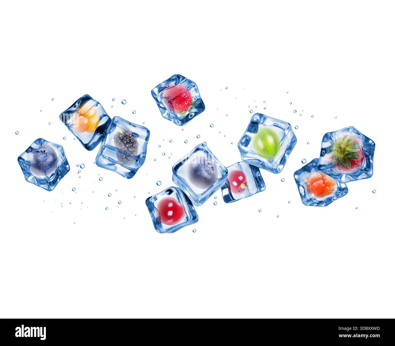 Different berries in ice cubes on white background Stock Photo - Alamy