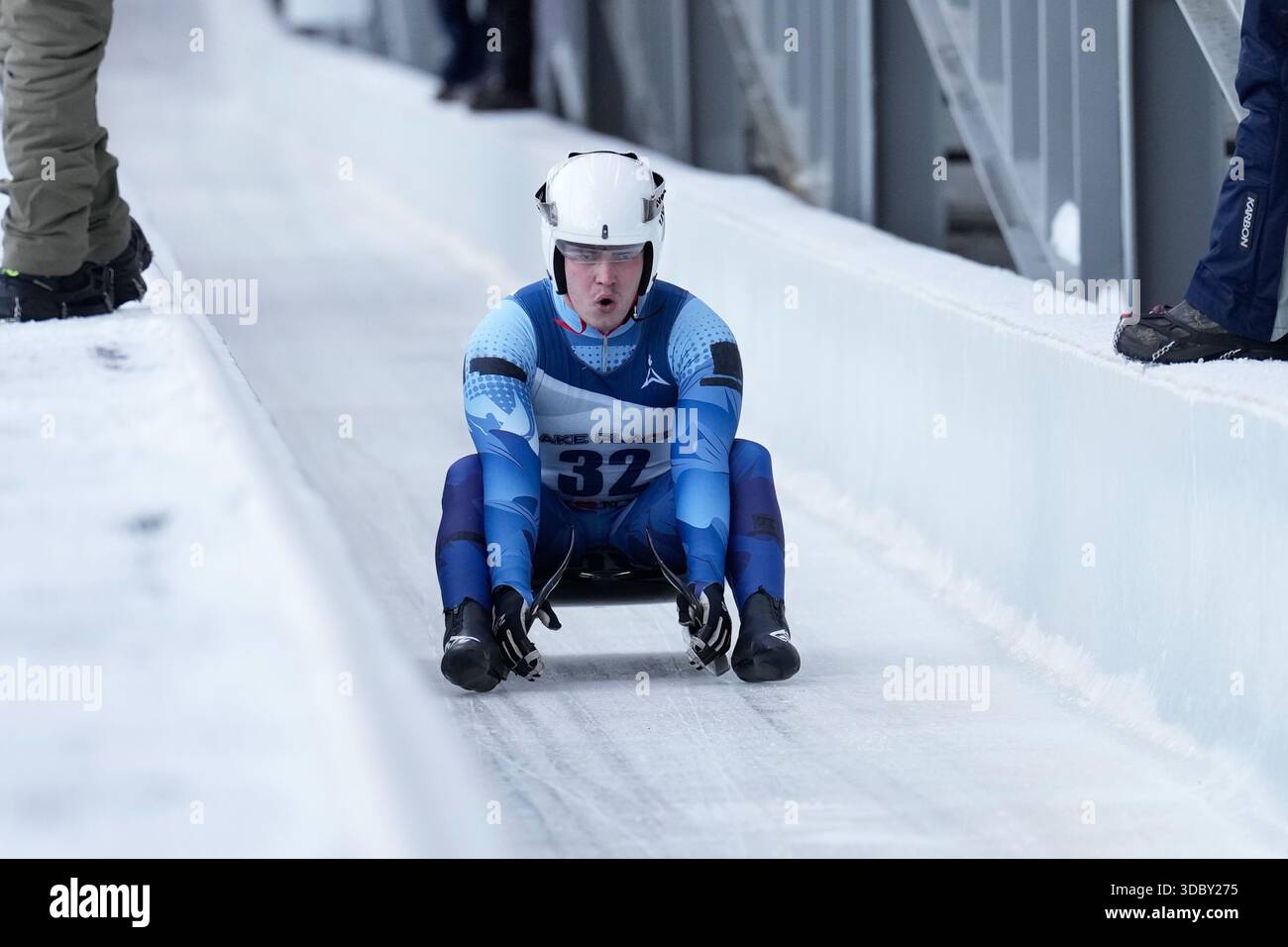 Russian luge athlete Matvei Perestoronin finishes a qualifying race to ...
