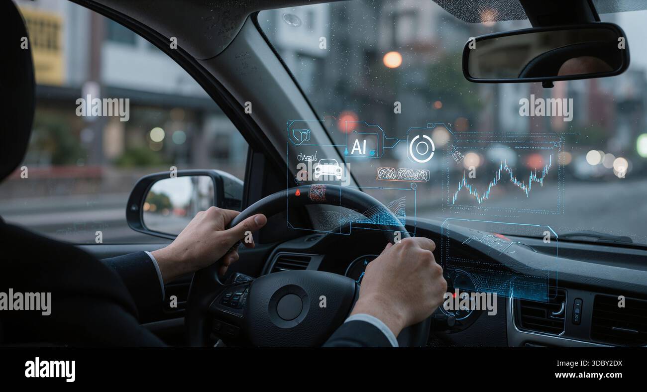 Internal view of a modern vehicle interior with a futuristic digital AI ...
