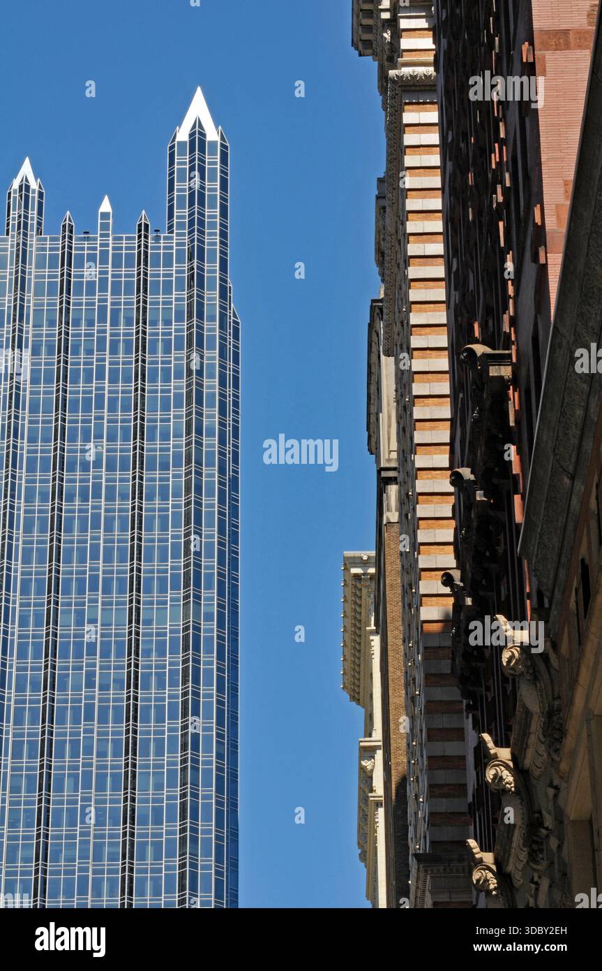 An historic building in downtown Pittsburgh contrasts with the modern ...