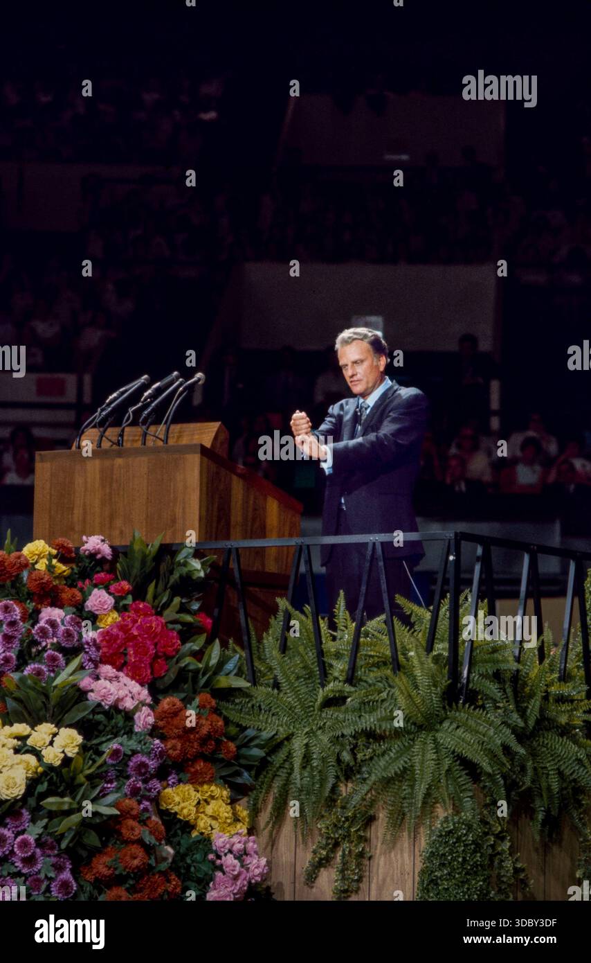 Reverend Billy Graham, preaching at his Crusade at New Your City's ...