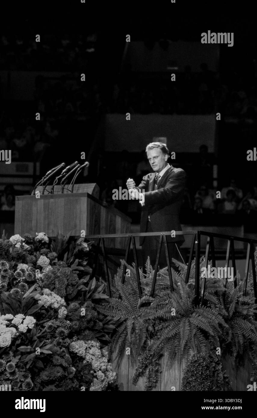 Reverend Billy Graham, preaching at his Crusade at New Your City's ...