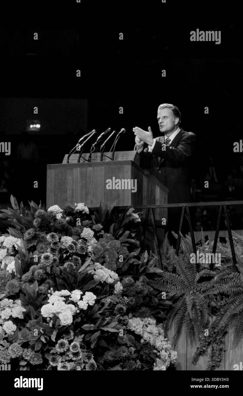 Reverend Billy Graham, preaching at his Crusade at New Your City's ...