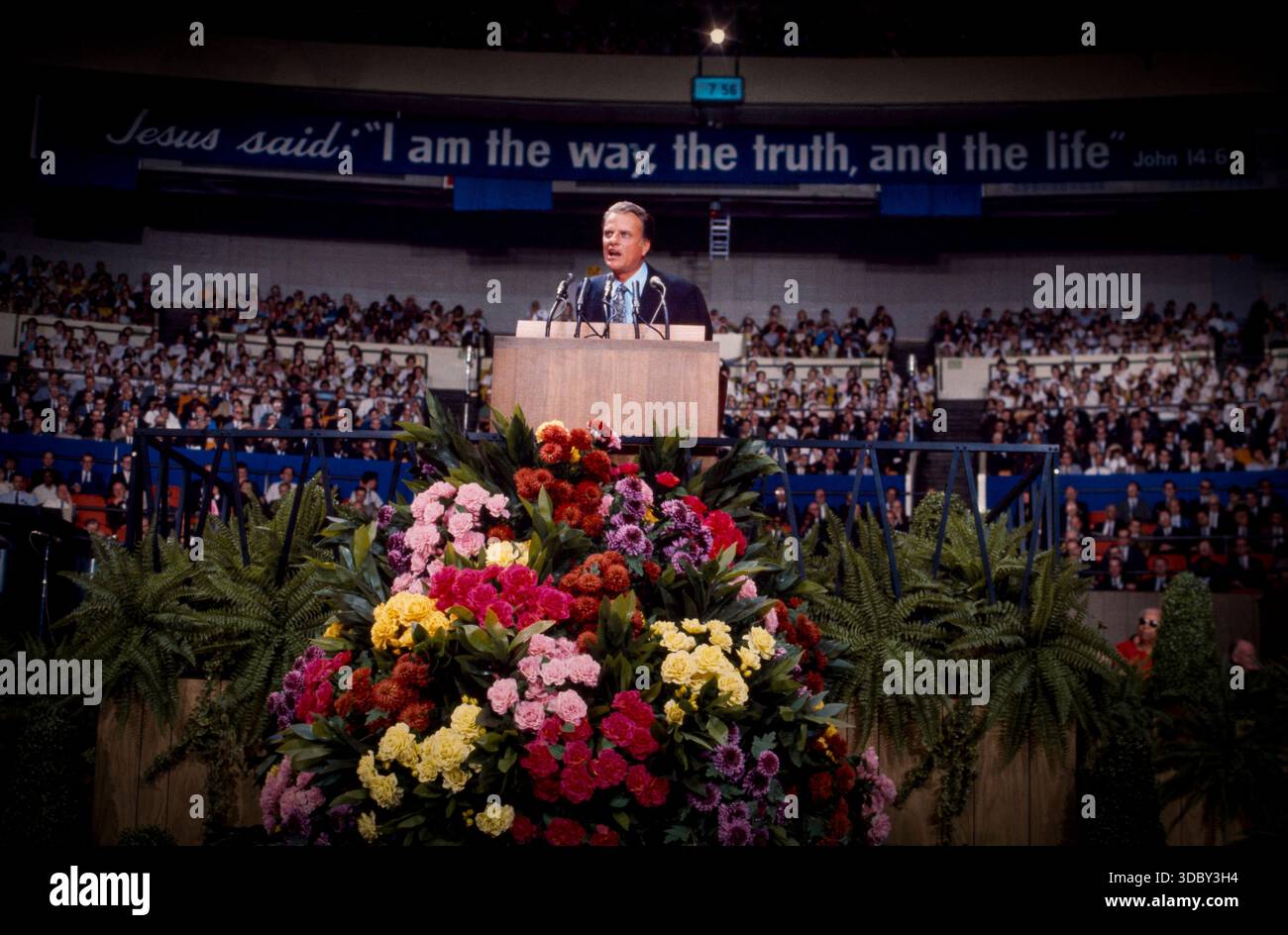 Reverend Billy Graham, preaching at his Crusade at New Your City's ...