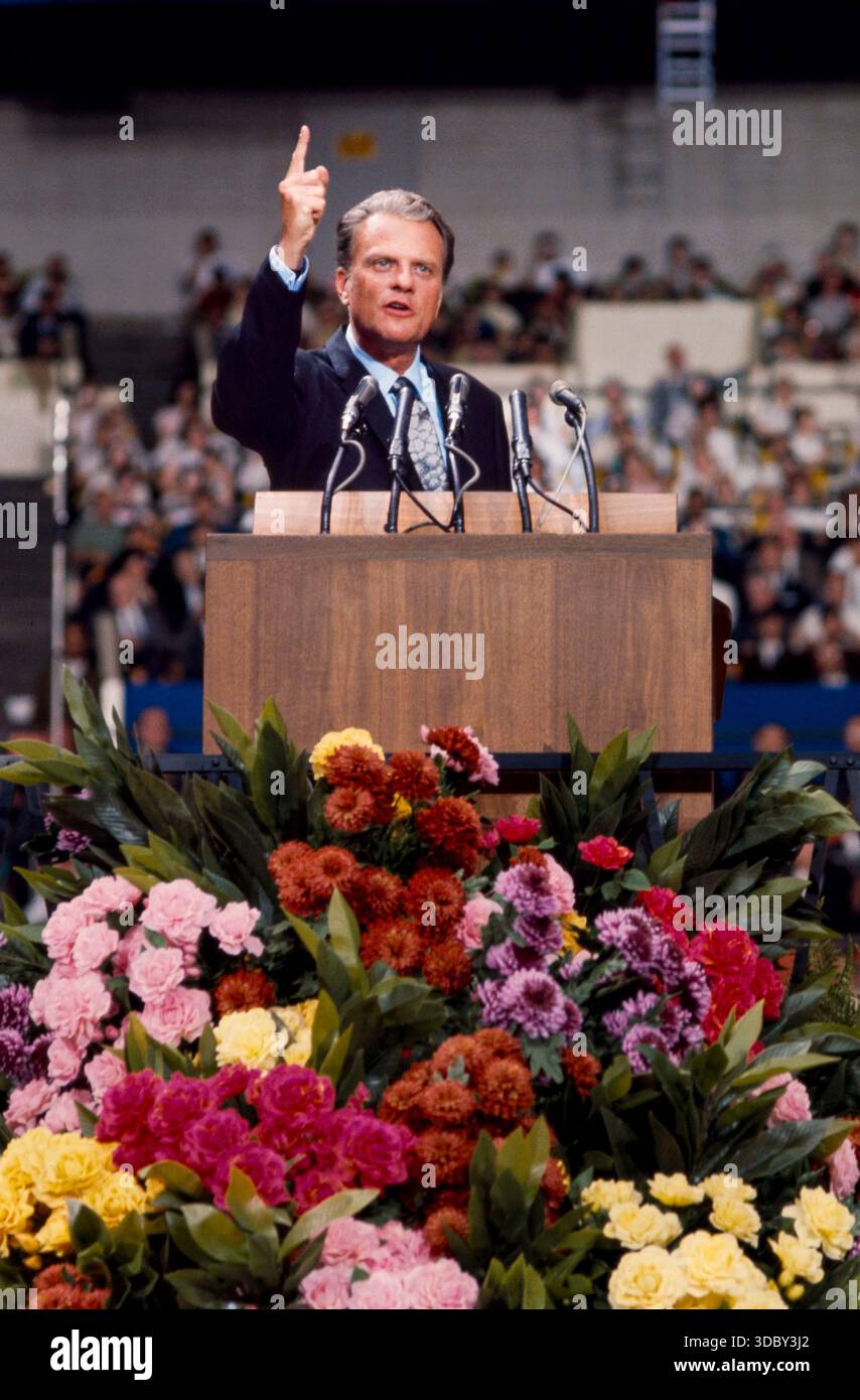 Reverend Billy Graham, preaching at his Crusade at New Your City's ...