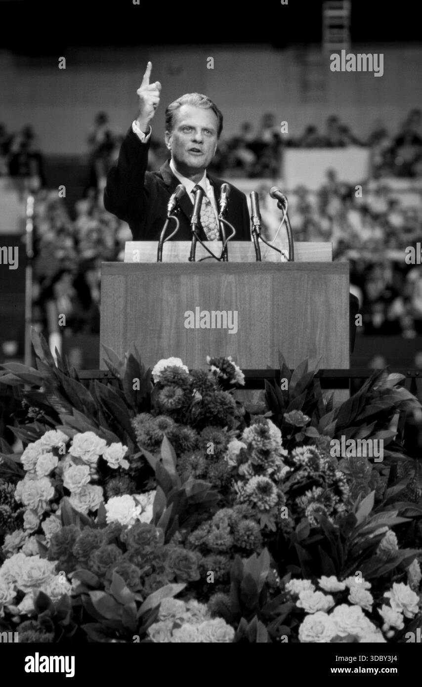 Reverend Billy Graham, preaching at his Crusade at New Your City's ...