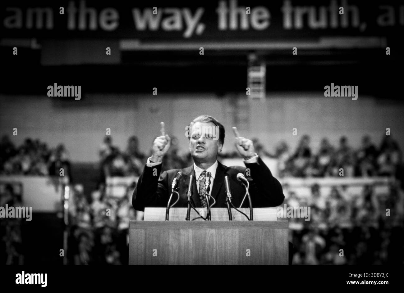 Reverend Billy Graham, preaching at his Crusade at New Your City's ...