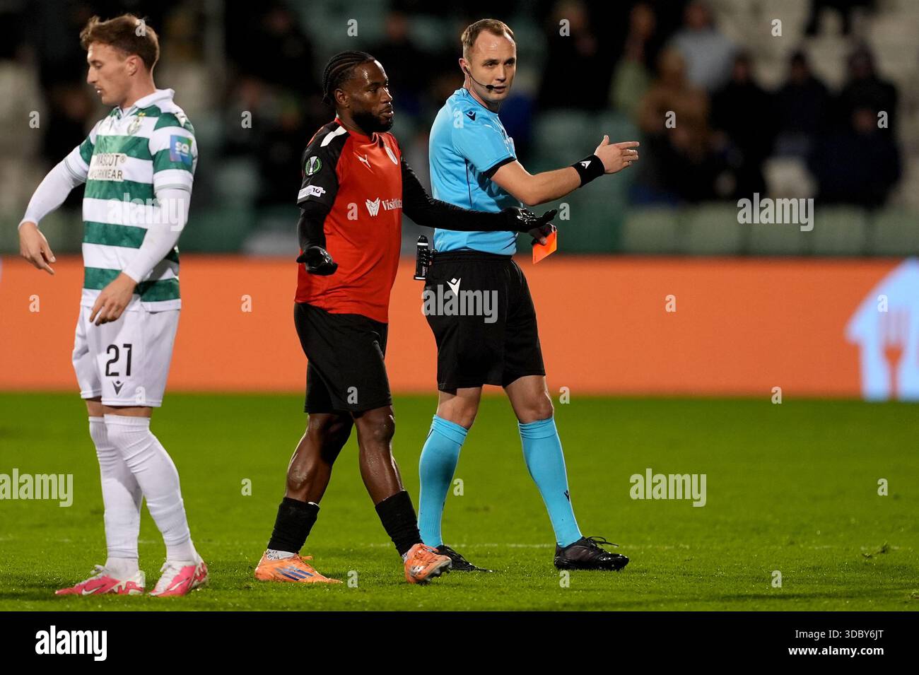 Hamrun Spartans' Joseph Mbong (centre) after being shown a red card by ...