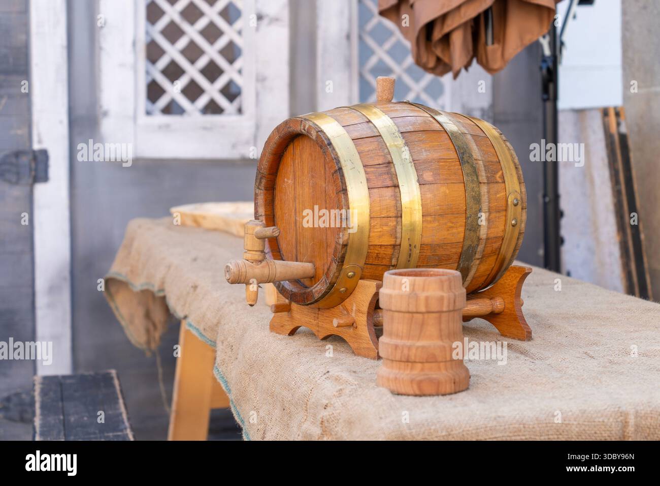 Medieval wooden beer barrel with spigots Stock Photo - Alamy