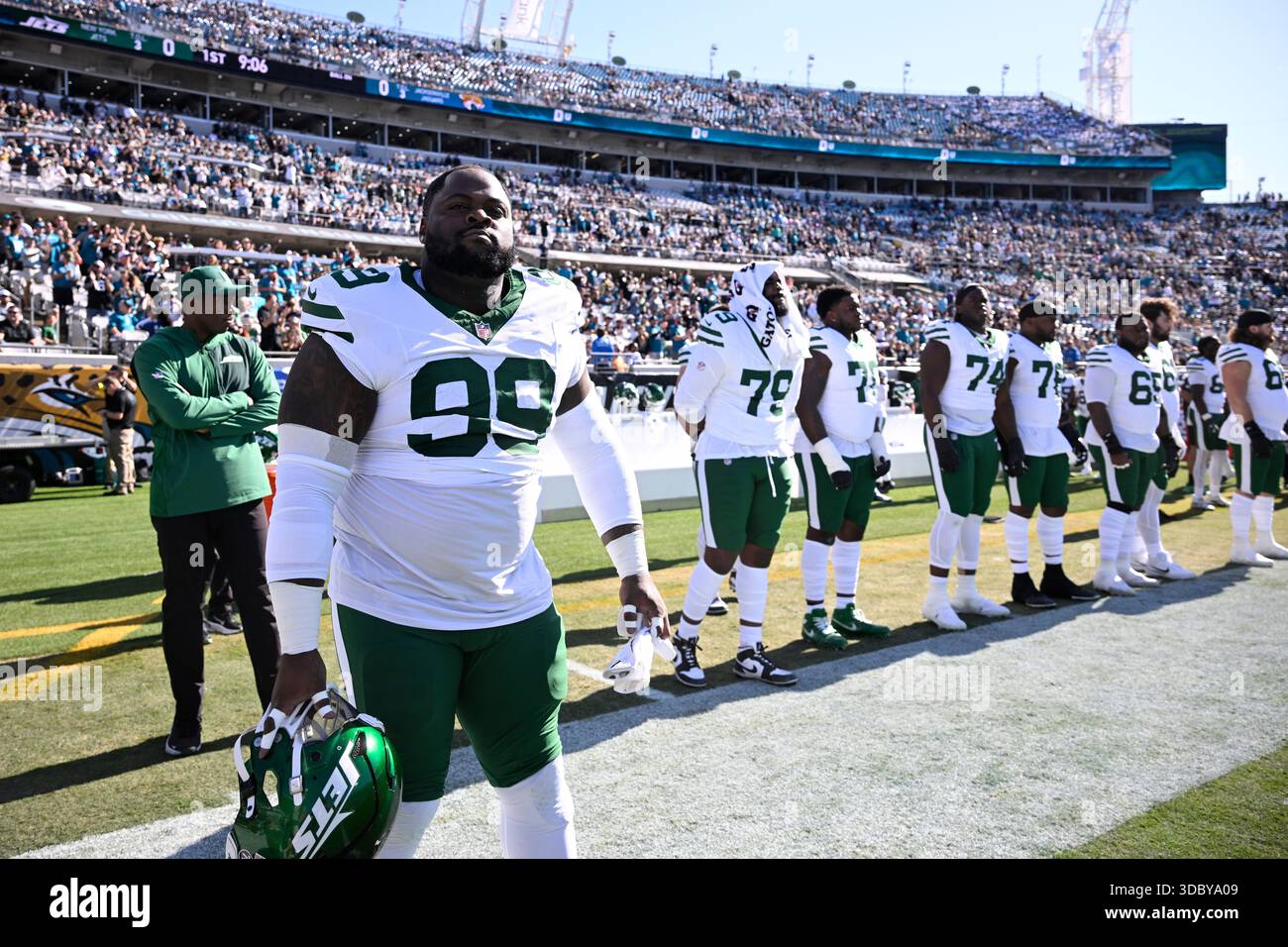 New York Jets defensive tackle Khalen Saunders (99) looks on from the ...