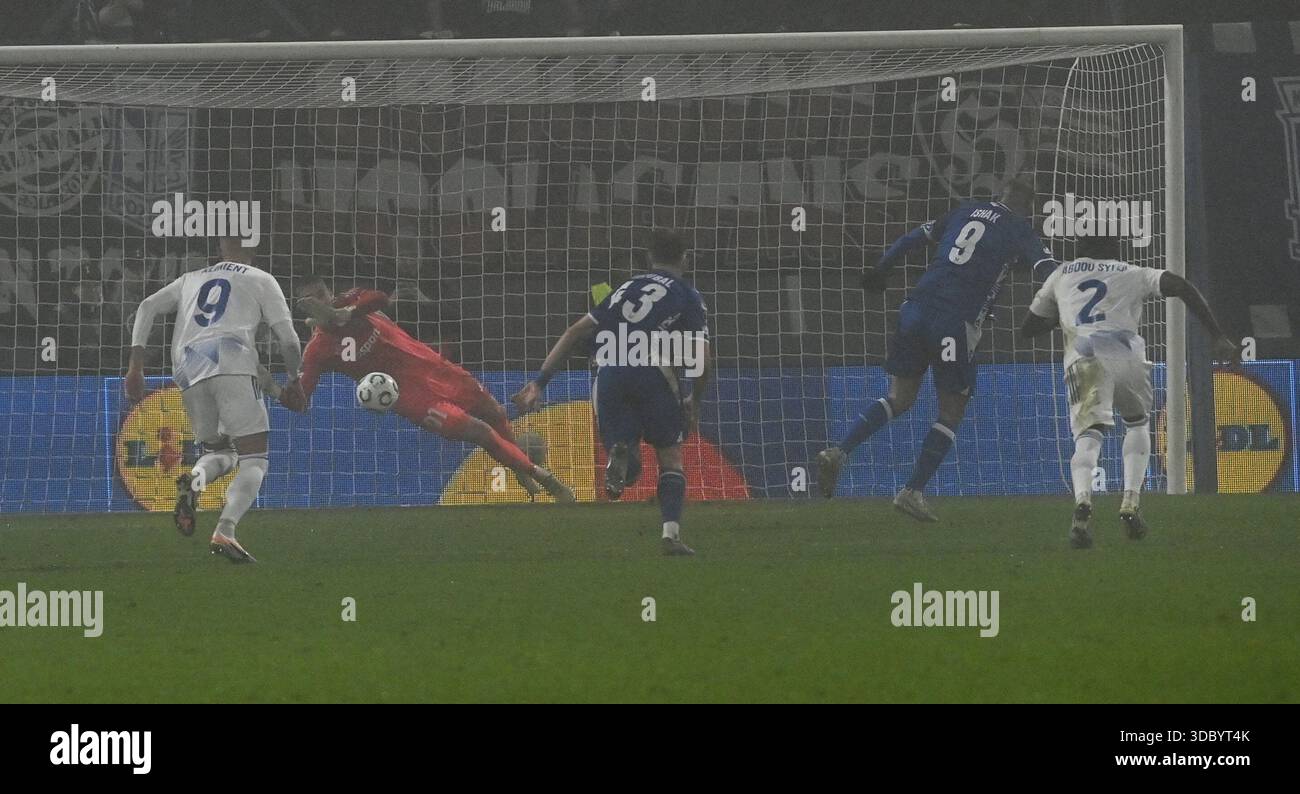 Goalkeeper Jan Koutny (Olomouc) saves a penalty kick during the UEFA ...