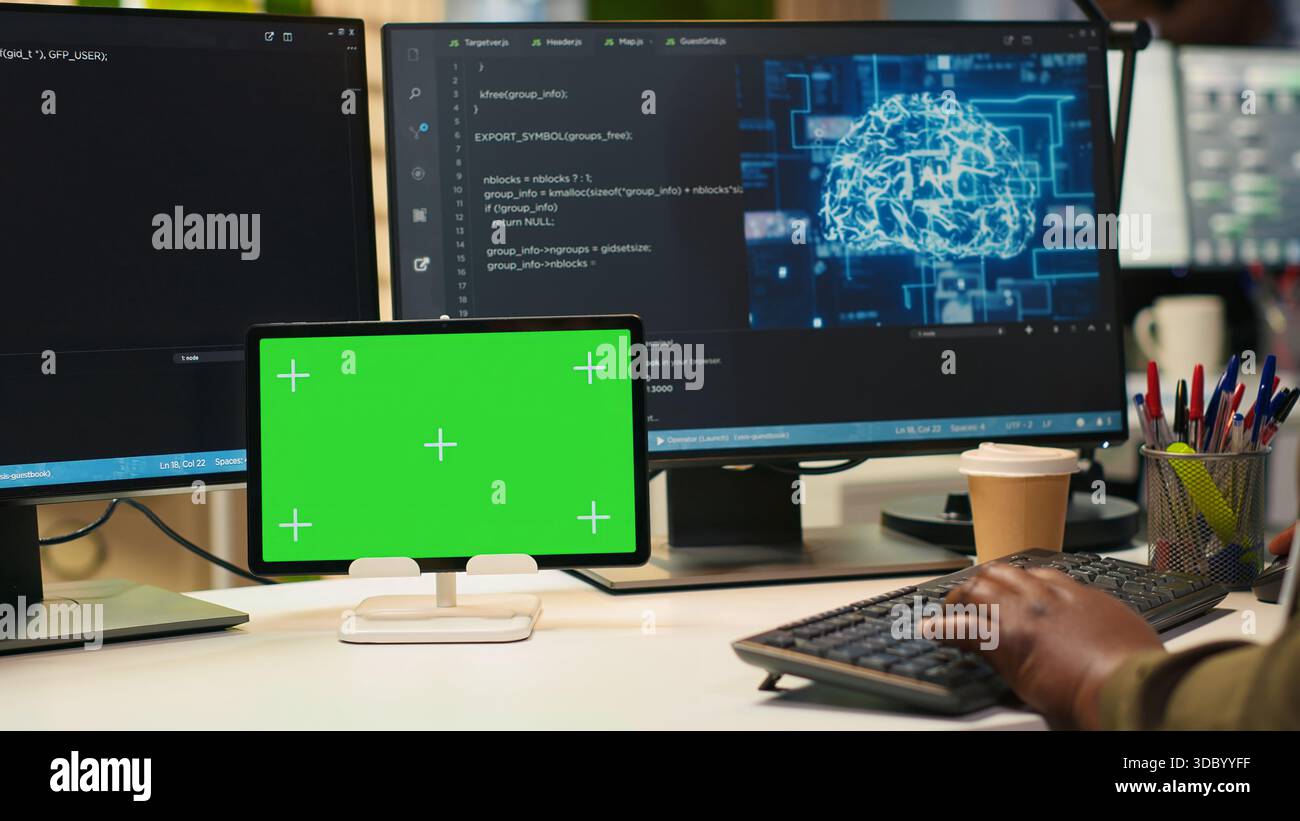 Admin writing code on isolated screen tablet, developing machine learning APIs. IT specialist ...