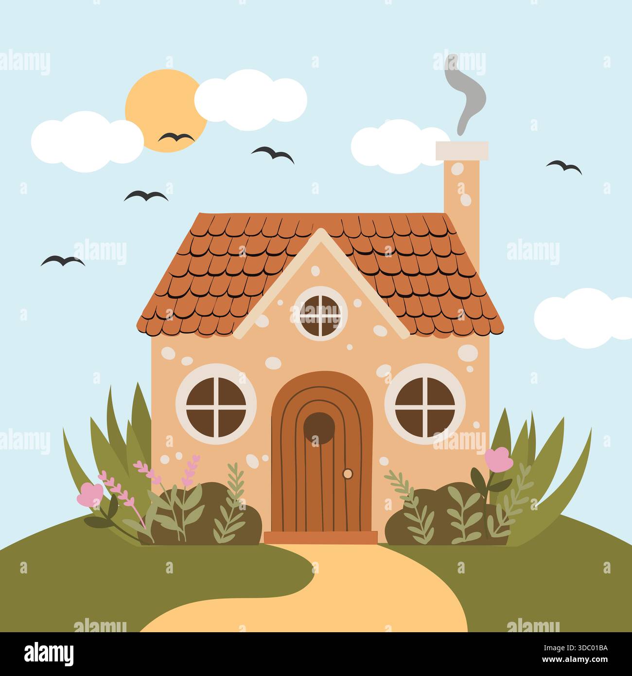 Cute, simple illustration of a cottagecore style house on a hill ...
