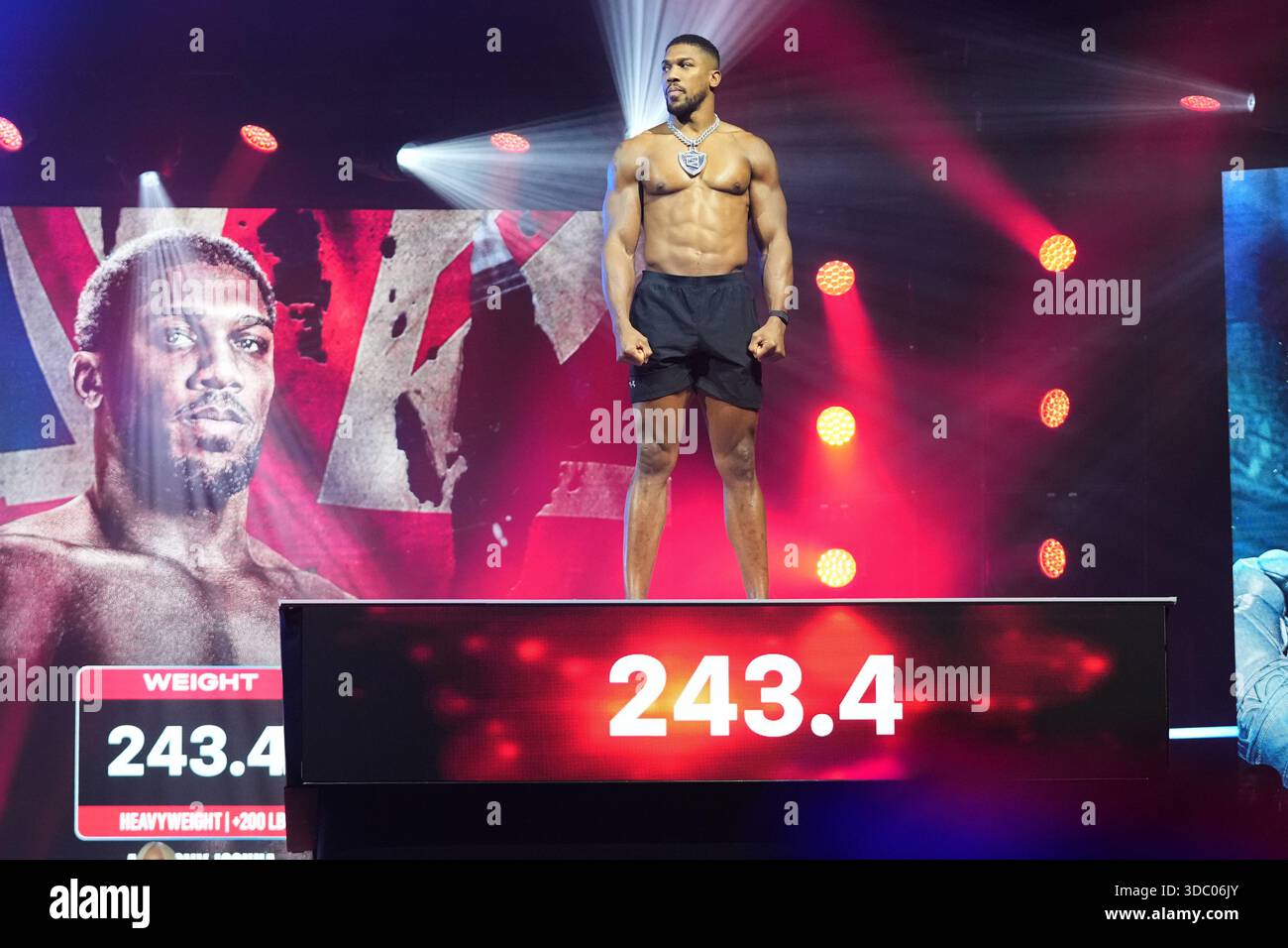 Anthony Joshua is introduced during a weigh-in ahead of his heavyweight ...