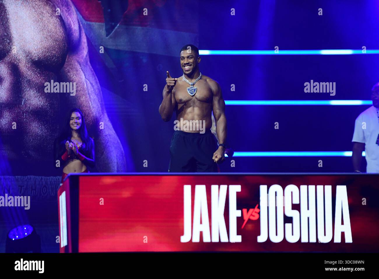Anthony Joshua responds to fans in the crowd during the official weigh ...
