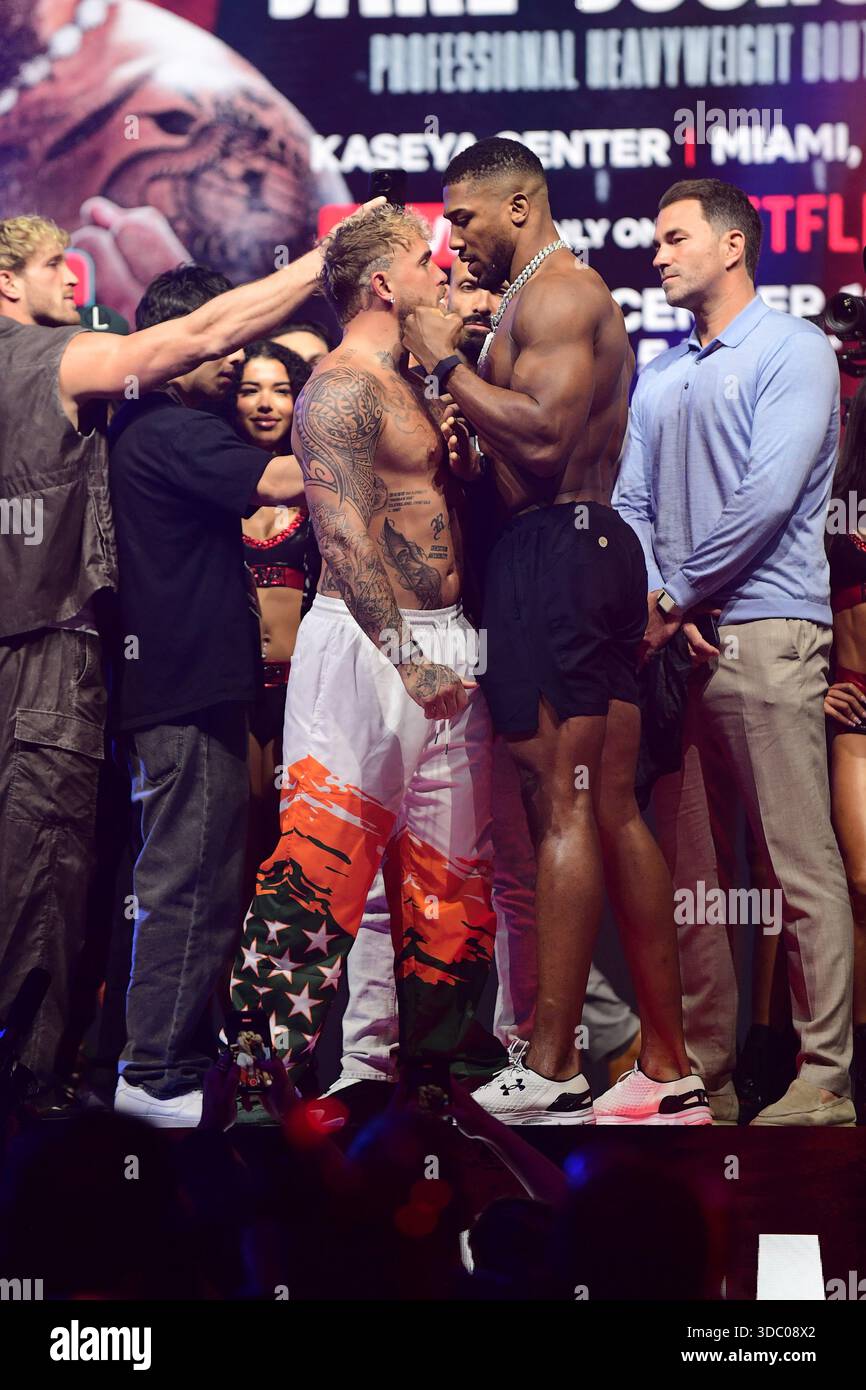 Jake Paul and Anthony Joshua face off during the official weigh-in at ...