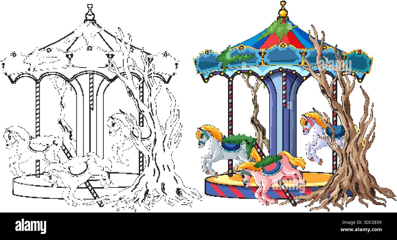 Color and line art of eerie abandoned carousel horses surrounded by ...