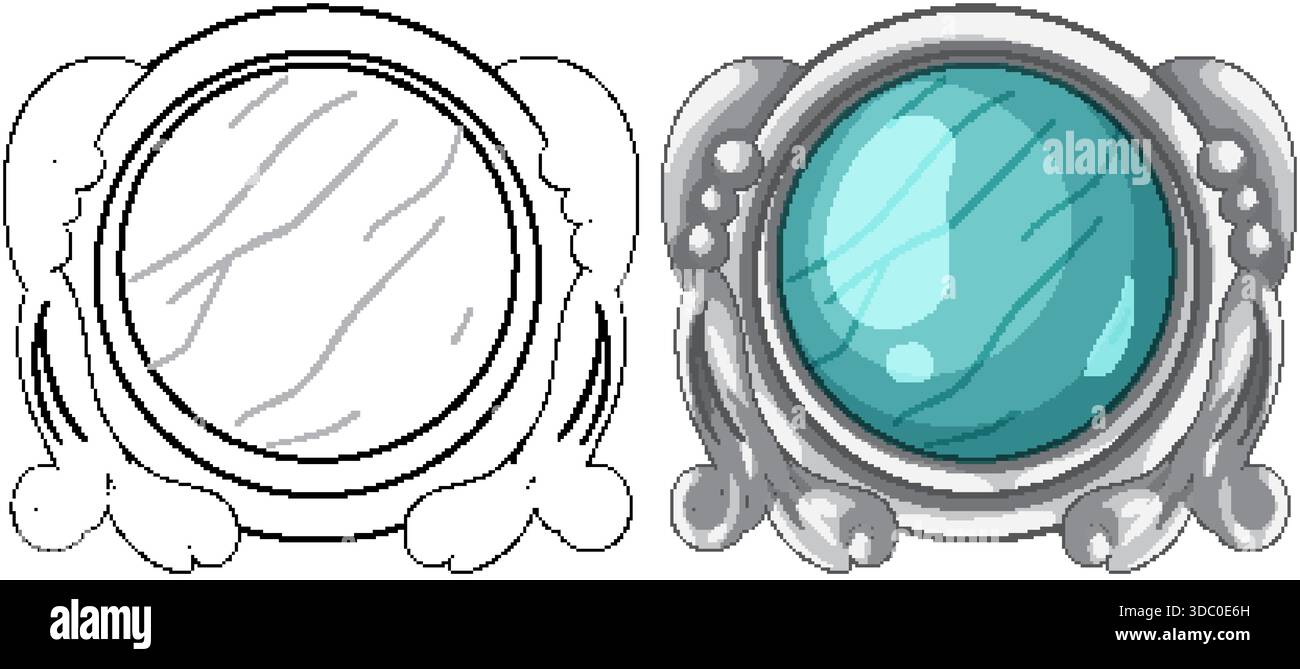 Stylized round mirror with intricate frame, colored and outline ...
