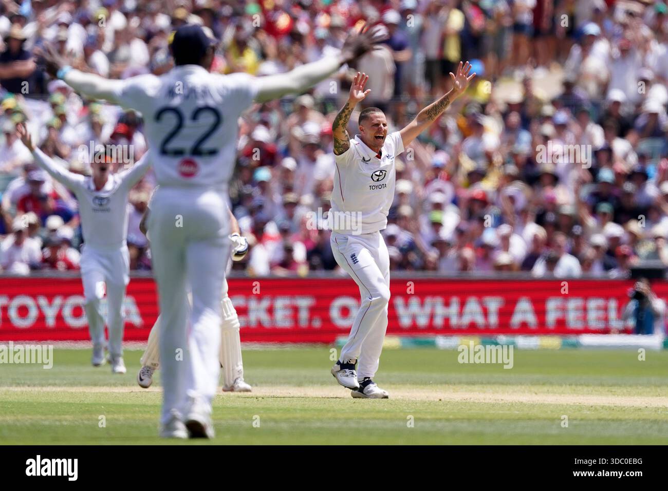 England’s Brydon Carse appeals successfully for LBW against Australia's ...