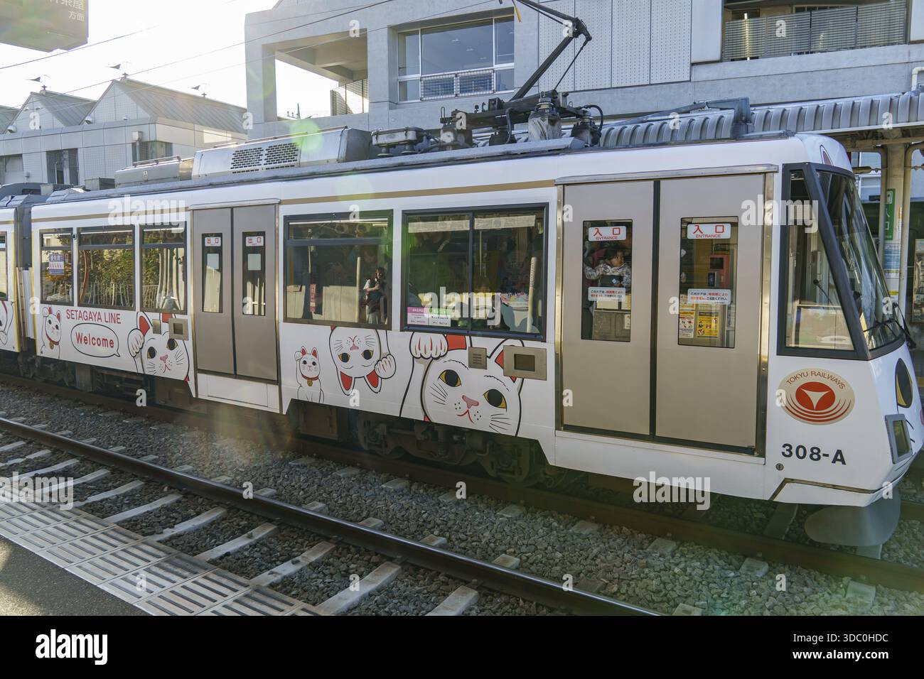 Side view of a tram with cat motifs, in an urban setting in daylight ...