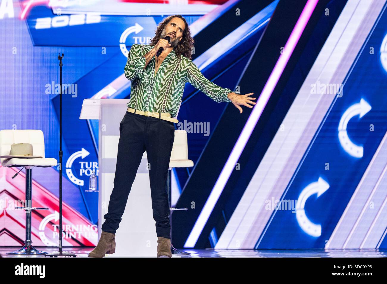 Russell Brand appears and gives a speech at Turning Point USA and ...