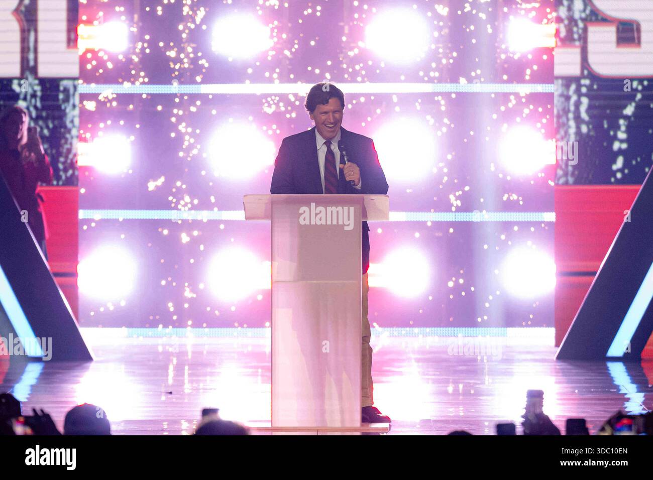 Tucker Carlson speaks during Turning Point USA's AmericaFest 2025 ...