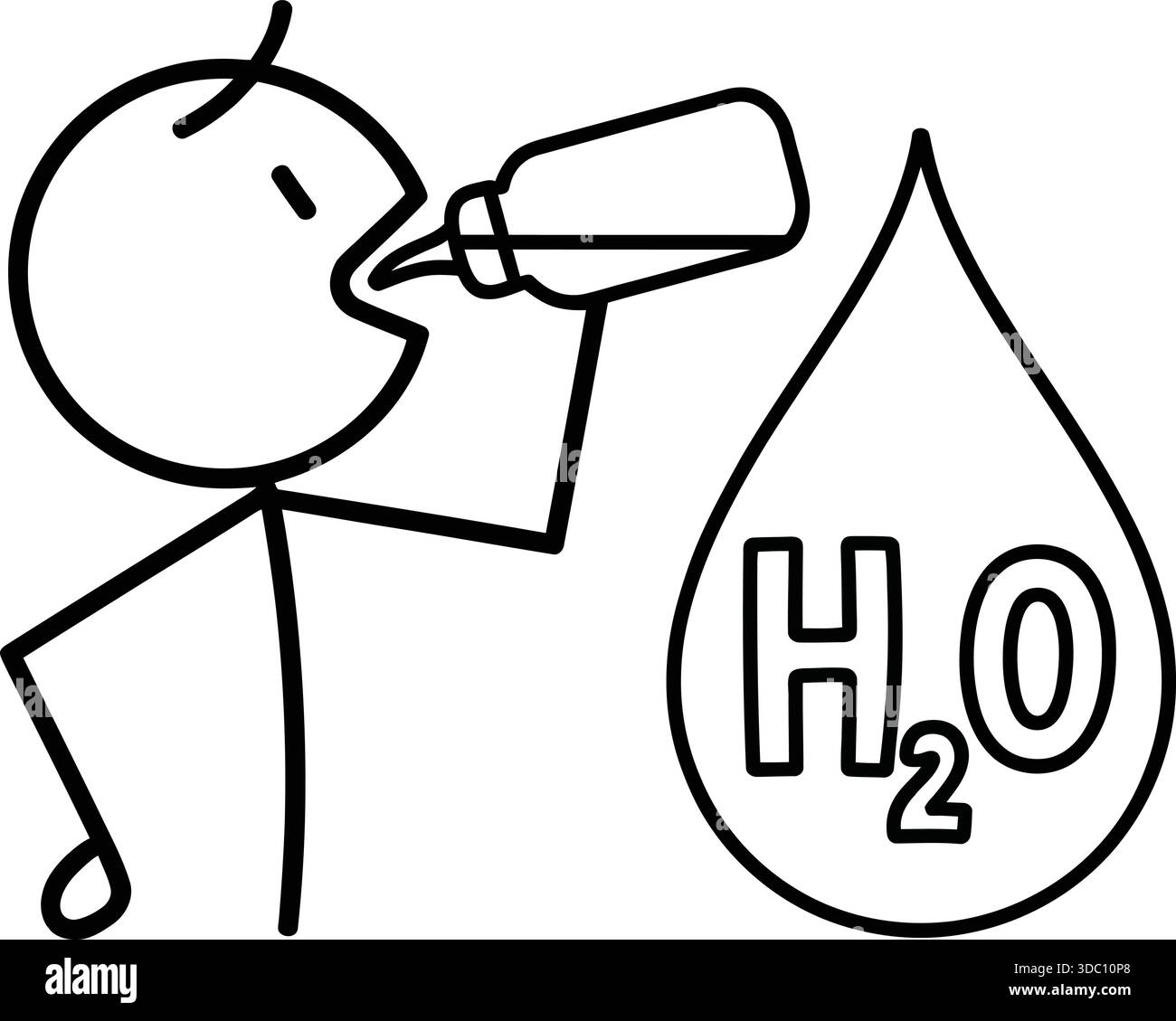 Simple line drawing depicts a stick figure drinking from a bottle with ...