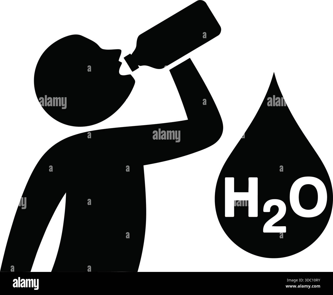 Simple line drawing depicts a stick figure drinking from a bottle with ...