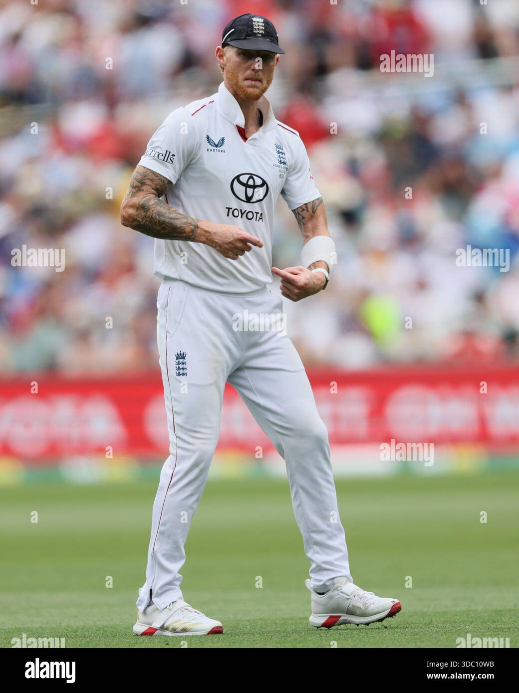 England's Ben Stokes reacts during play on day three of the third Ashes ...