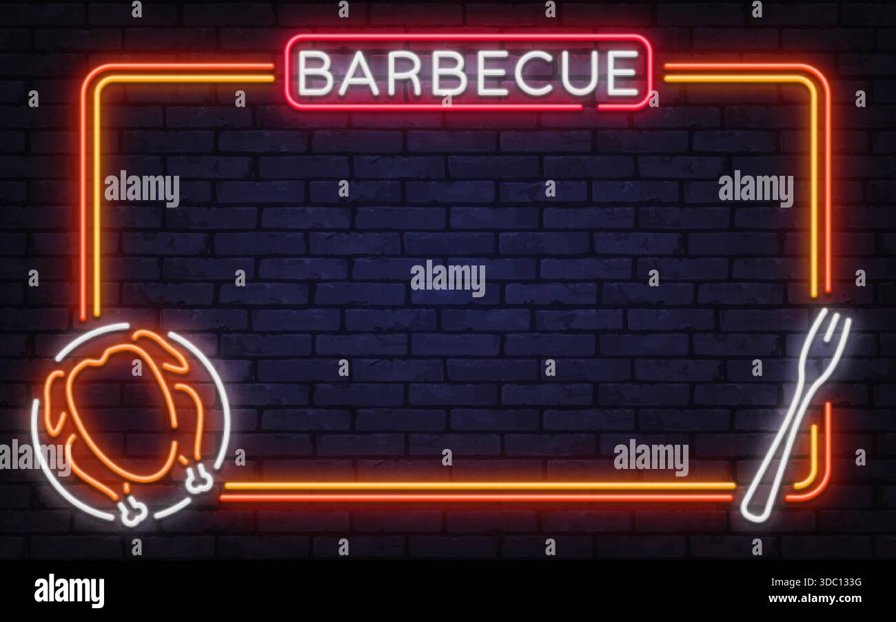 Classic neon vector frame with barbecue sign, chicken icon, and ...