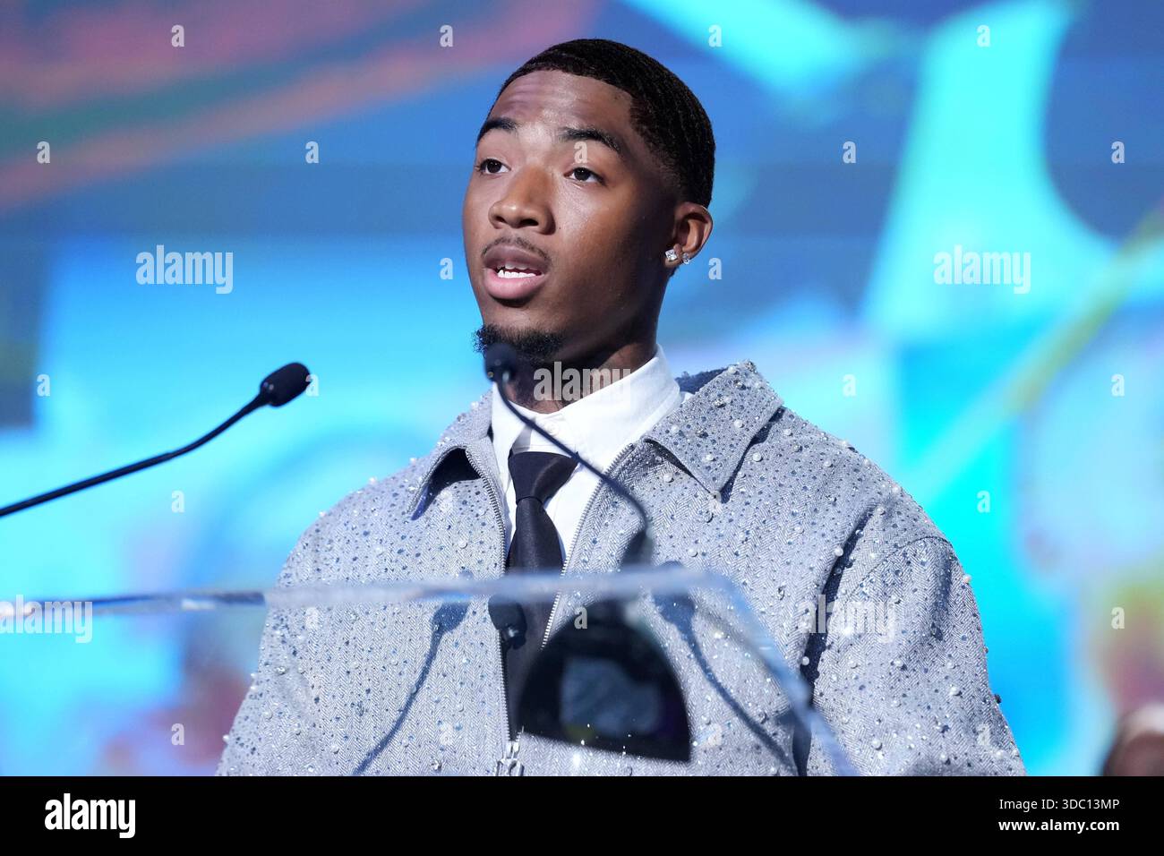 Jordan Anthony of Arkansas speaks during the Bowerman Award ...