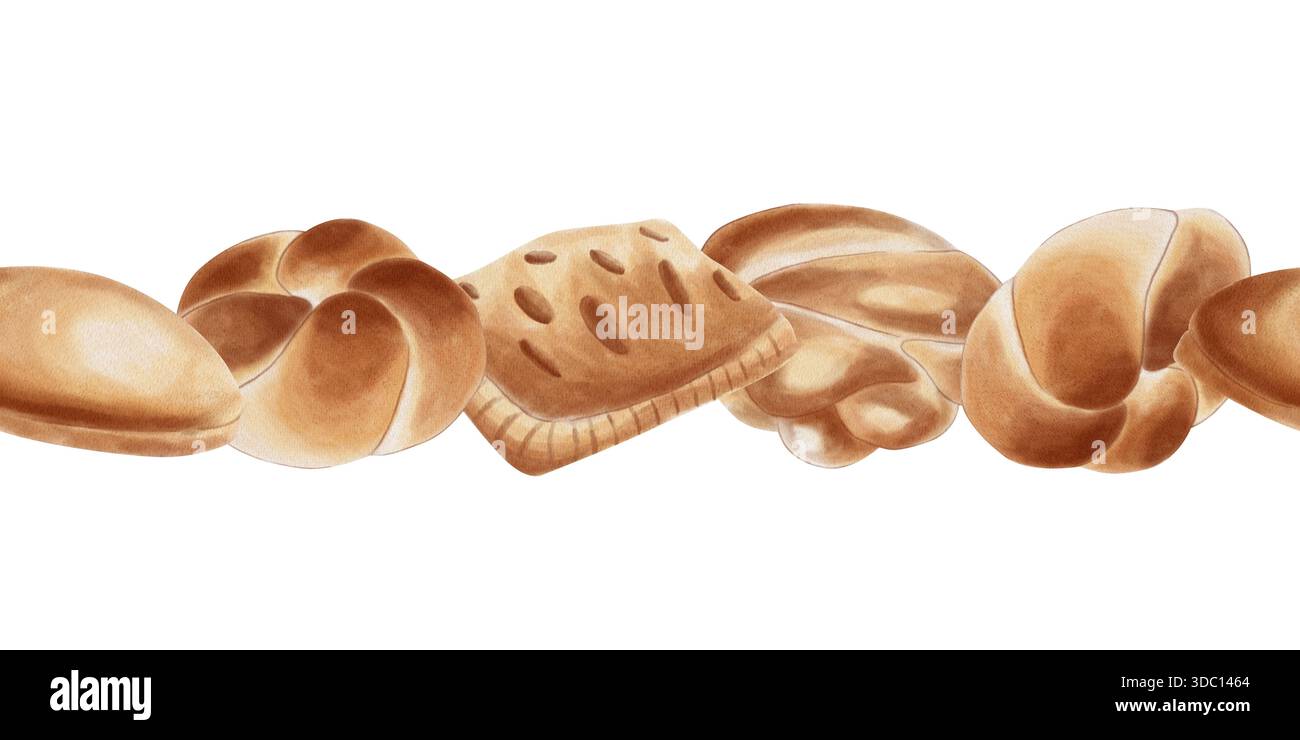 Watercolor seamless border with buns and pastries. Fresh, golden buns ...