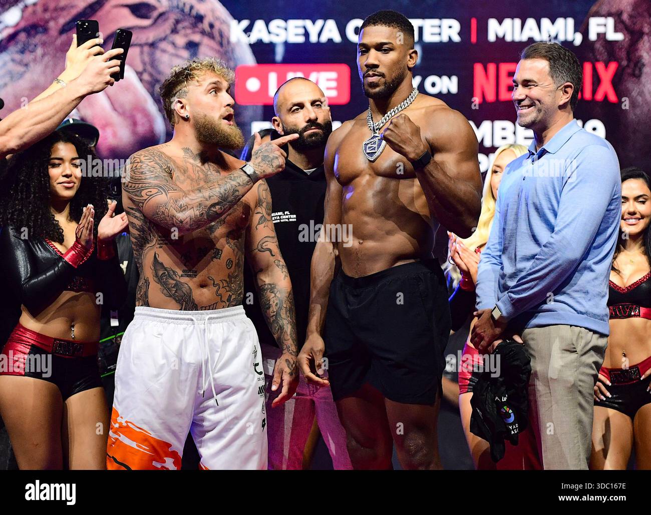 Jake Paul and Anthony Joshua during a public weigh-in at the Fillmore ...