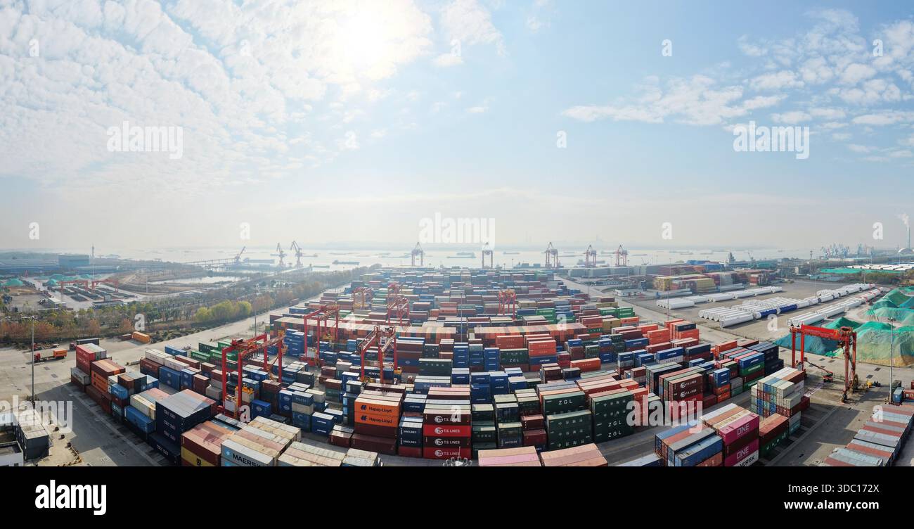 Aerial photo shows the busy container terminal at Yangzhou Port in ...