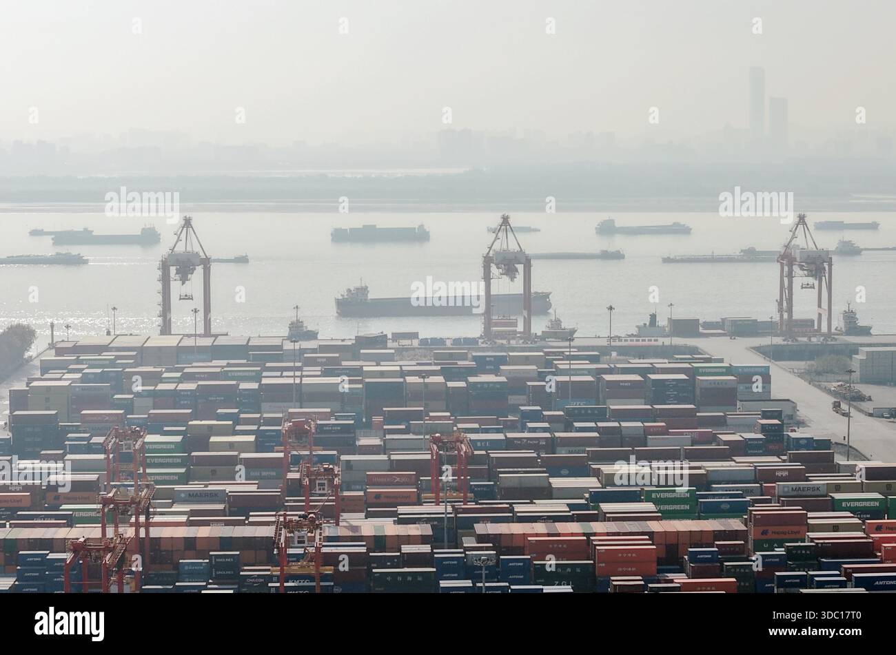 Aerial photo shows the busy container terminal at Yangzhou Port in ...
