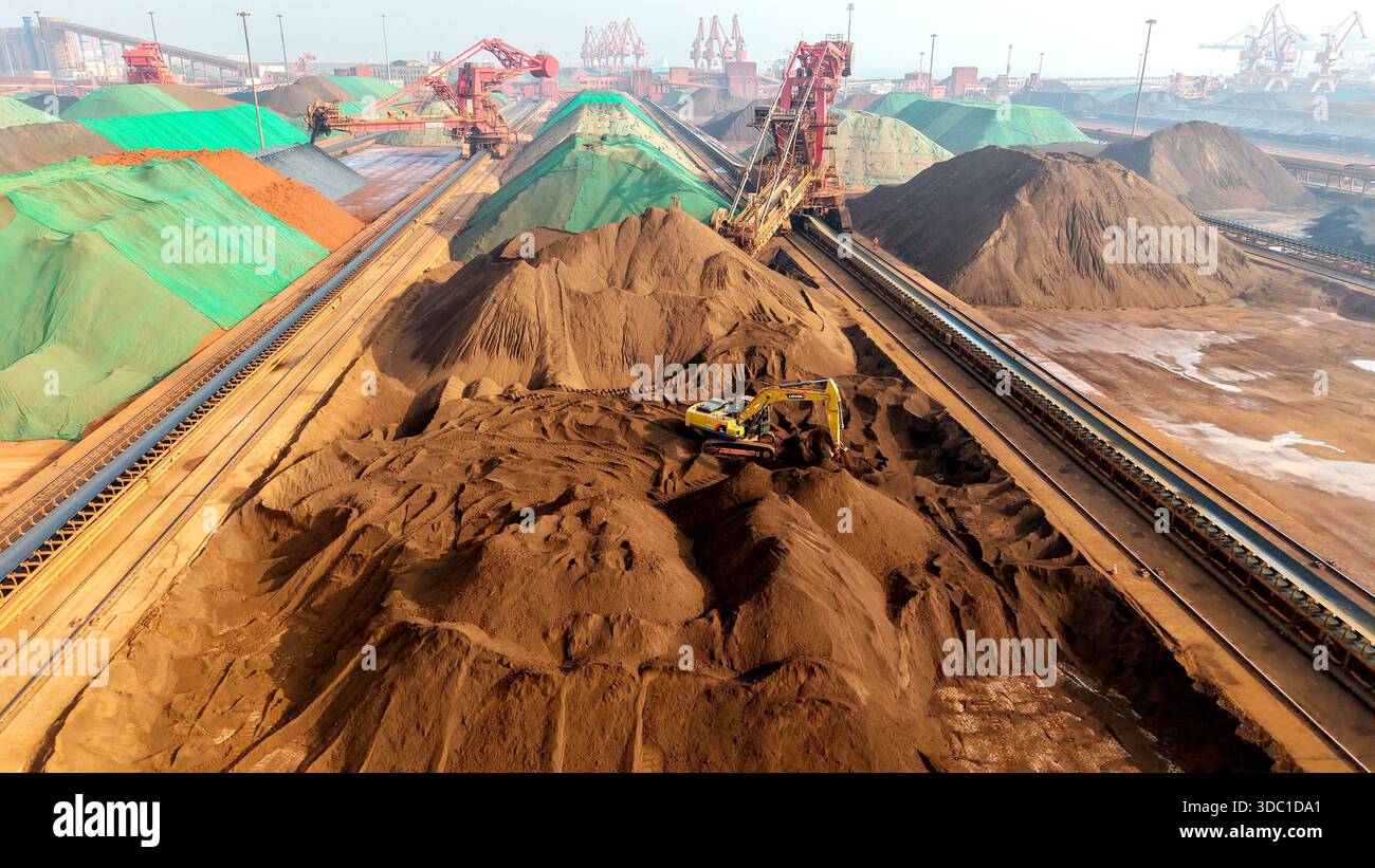 Aerial view of a dock of imported iron ore in Qingdao in eastern China ...