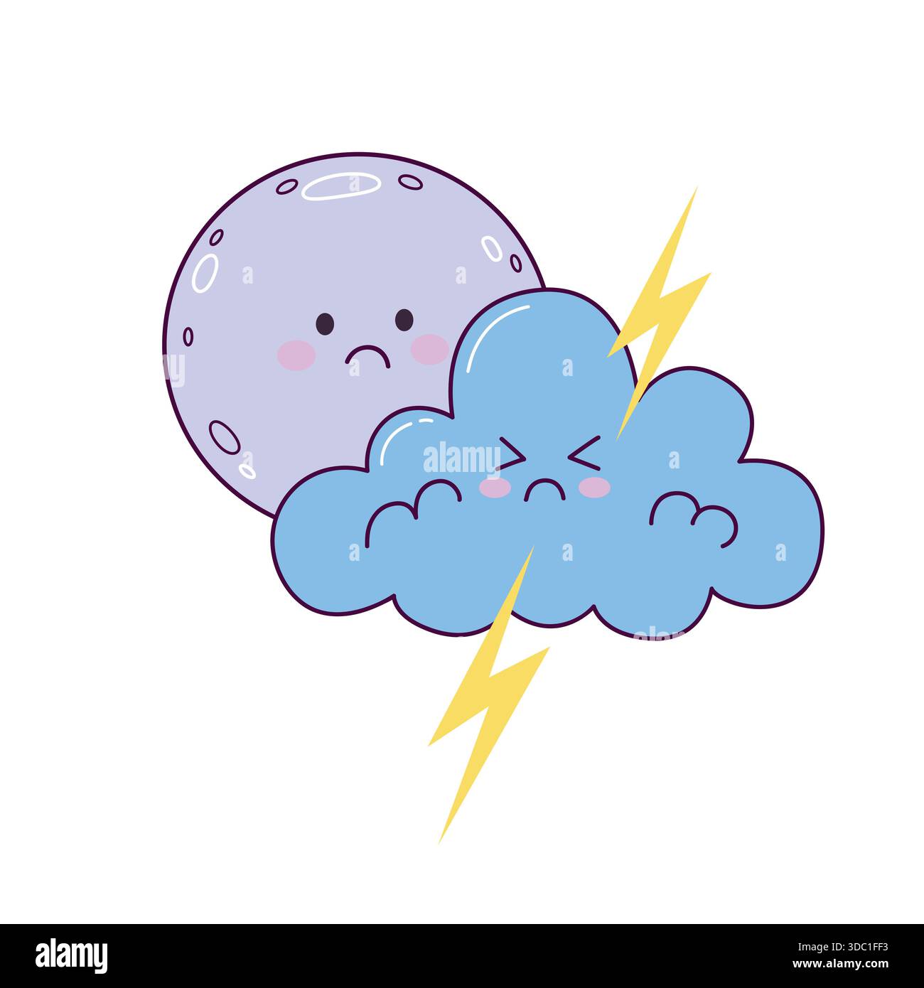 Cute moon and storm cloud with lightning in kawaii hand drawn style ...