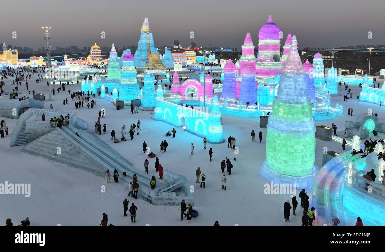 Aerial photo shows the night view of the 27th Harbin Ice-Snow World in ...