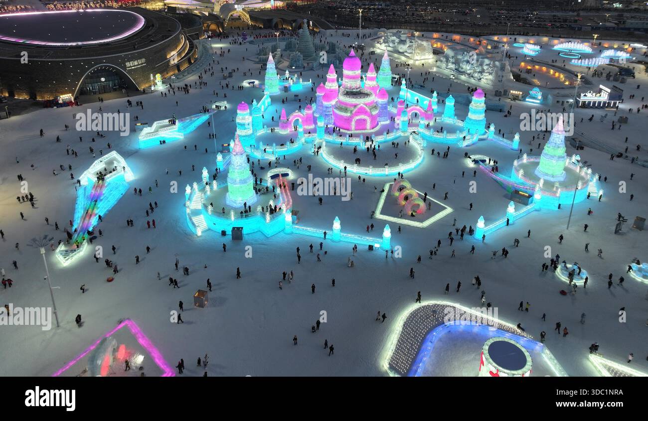 Aerial photo shows the night view of the 27th Harbin Ice-Snow World in ...