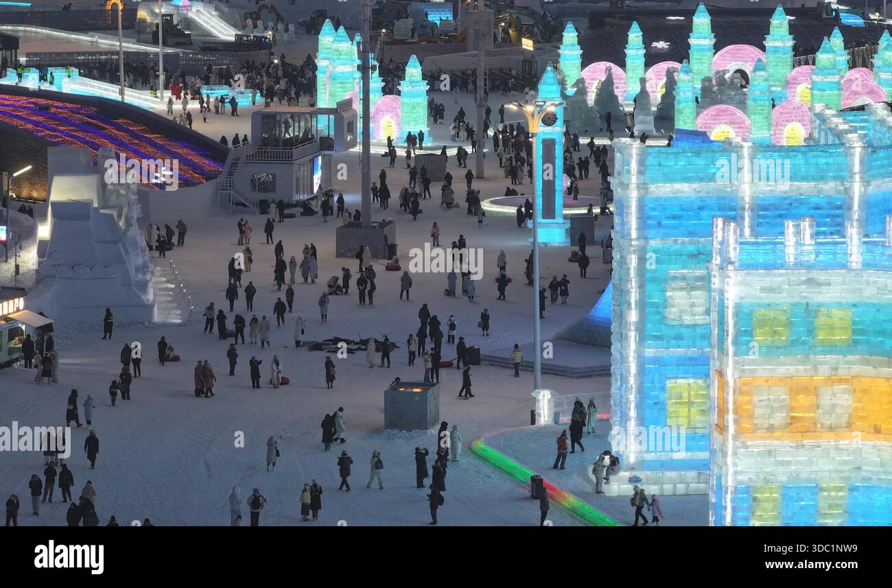 Aerial photo shows the night view of the 27th Harbin Ice-Snow World in ...