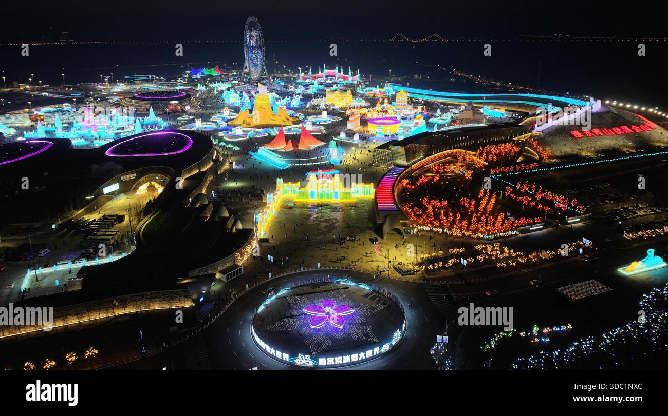 Aerial photo shows the night view of the 27th Harbin Ice-Snow World in ...